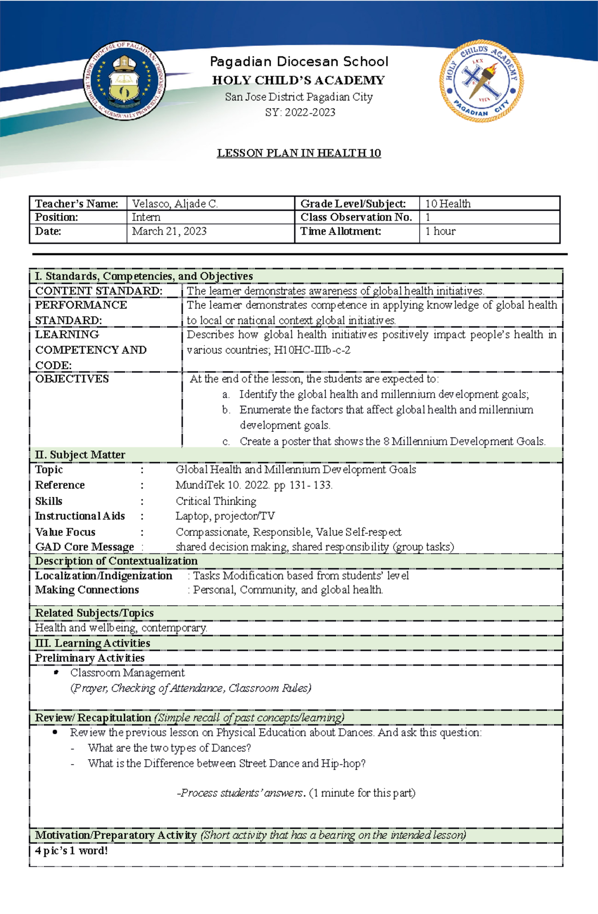 Lesson PLAN IN Health - Aljade - Pagadian Diocesan School HOLY CHILD’S ACADEMY San Jose District ...