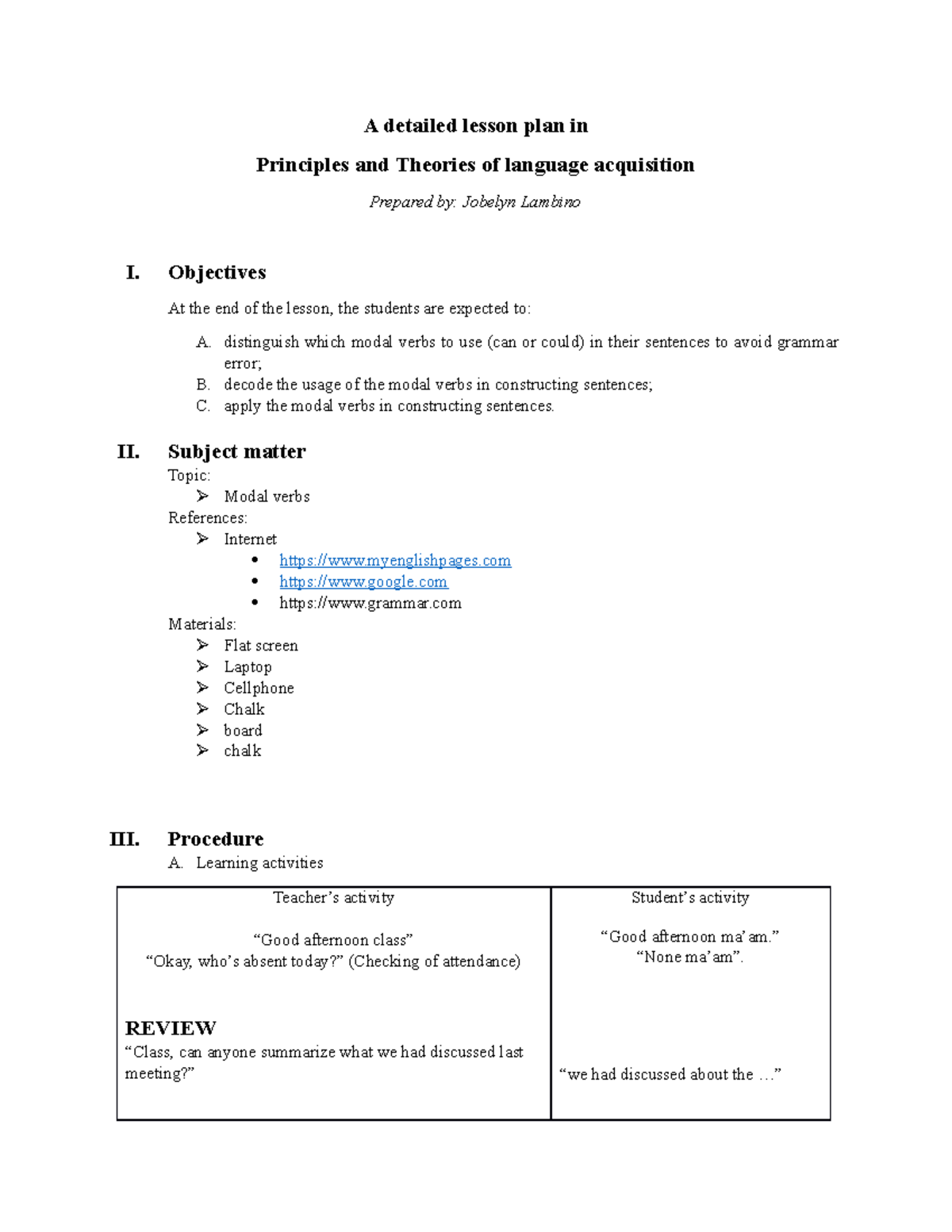 Lesson plan - THANK YOU - A detailed lesson plan in Principles and ...