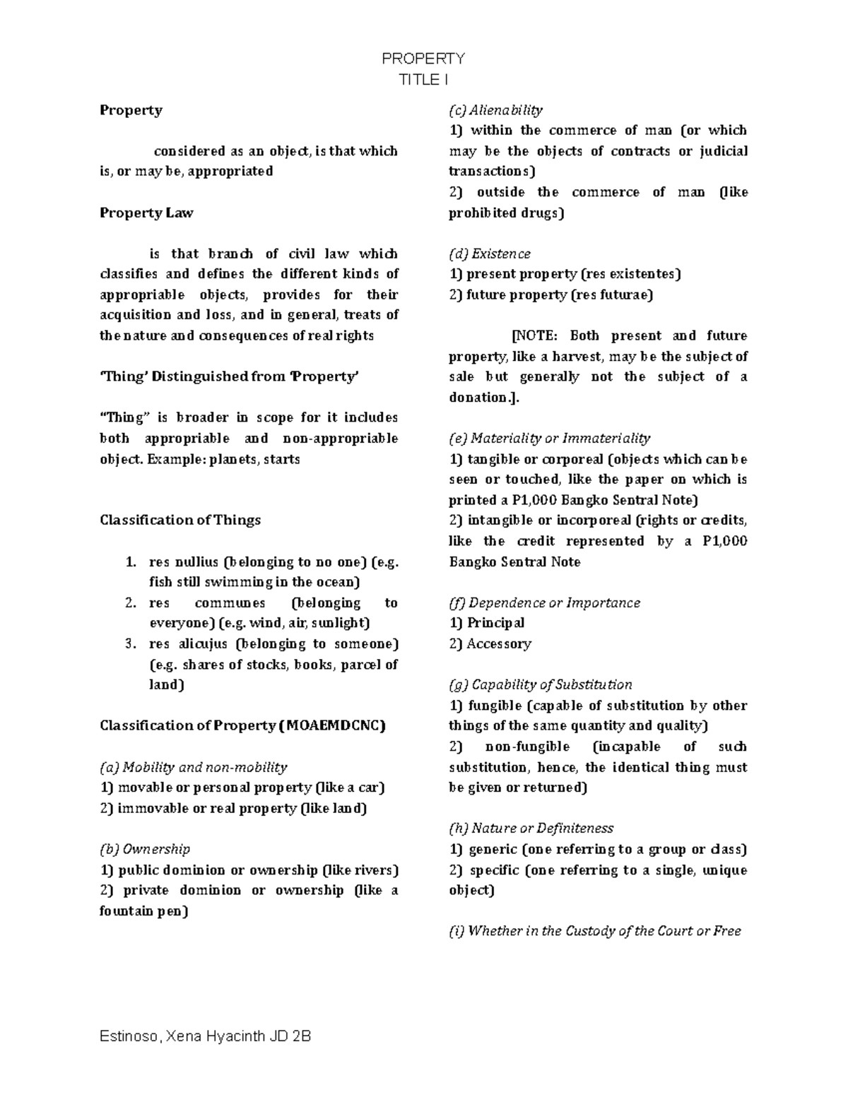 Property Notes Title I - TITLE I Property considered as an object ...