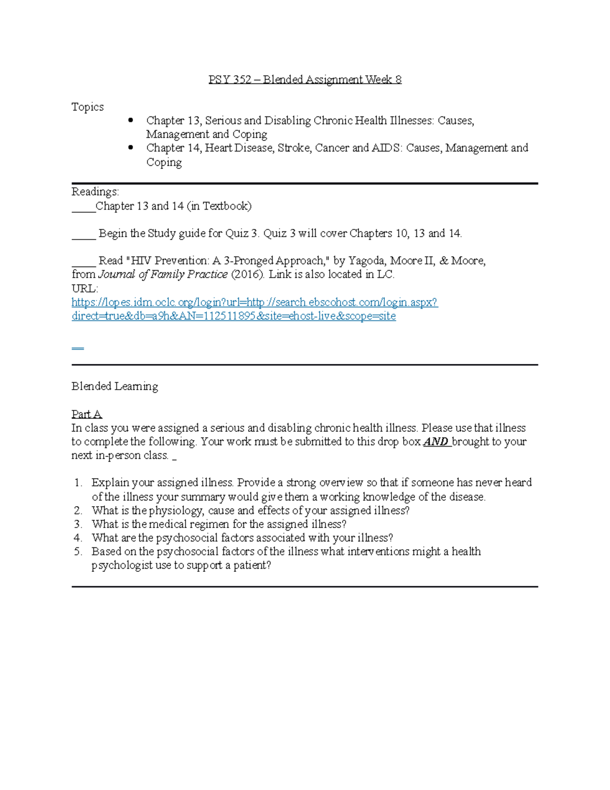 Checklist for week before CH 13 and 14 - PSY 352 Blended Assignment Week 8 Topics Chapter 13 ...