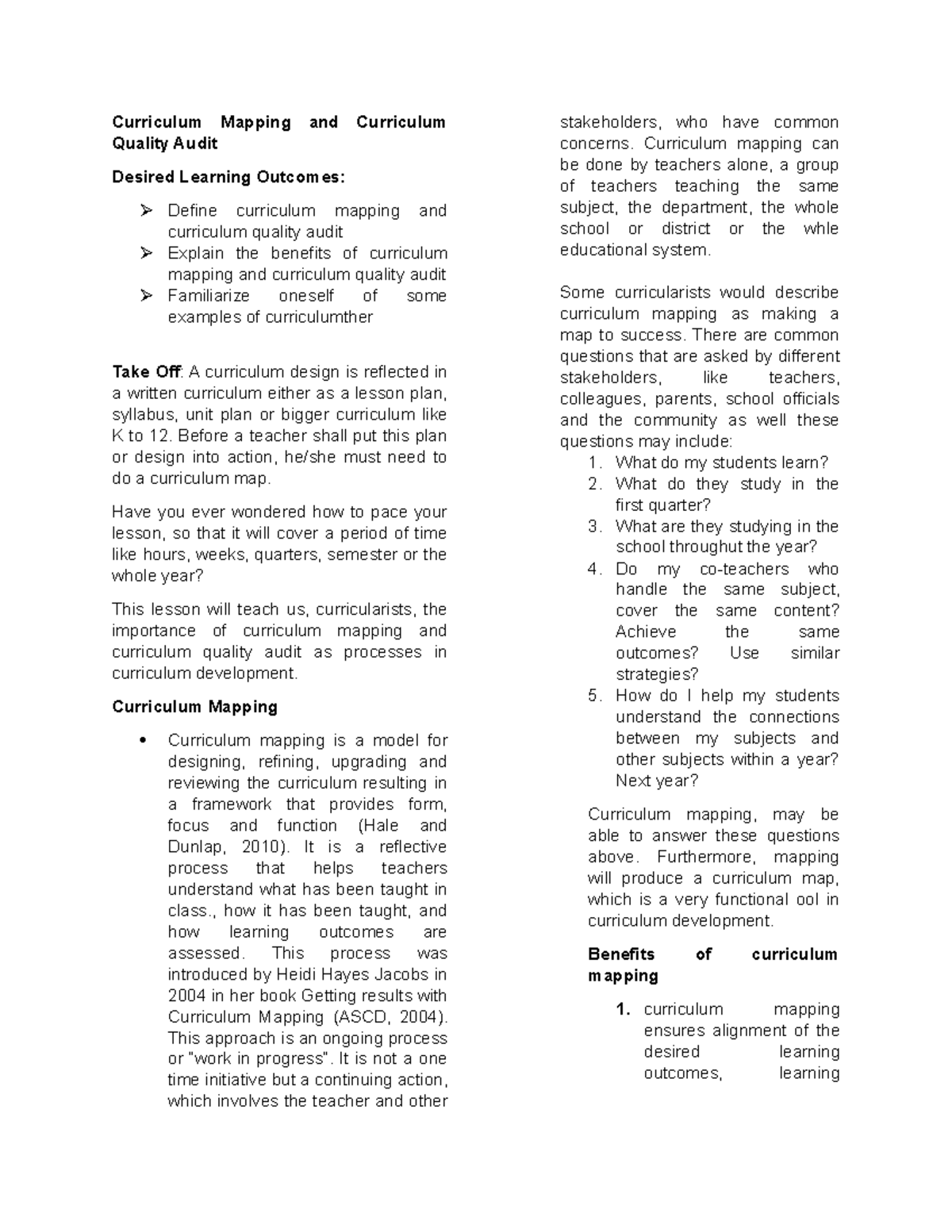 Curriculum Mapping and Curriculum Quality Audit - Curriculum Mapping ...