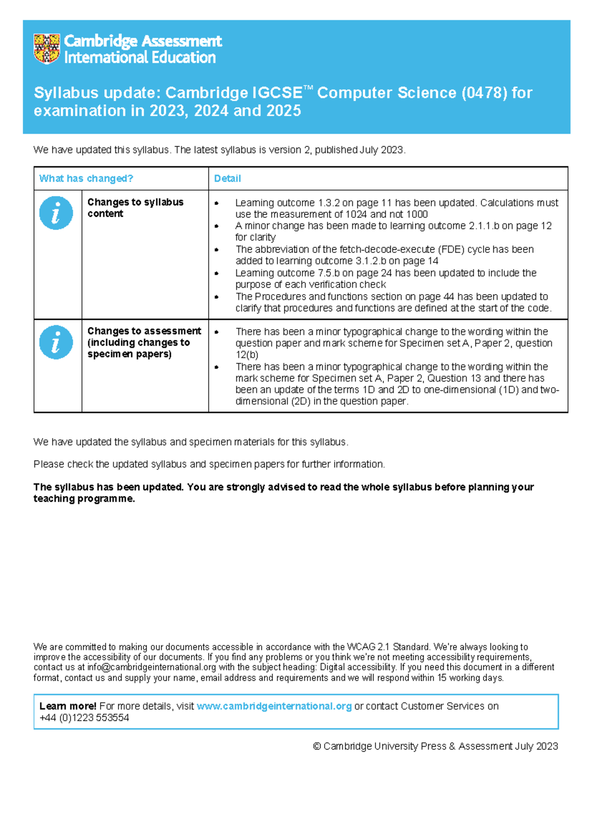 687555 2023 2025 syllabus update - Syllabus update: Cambridge IGCSE™ Computer Science (0478) for ...