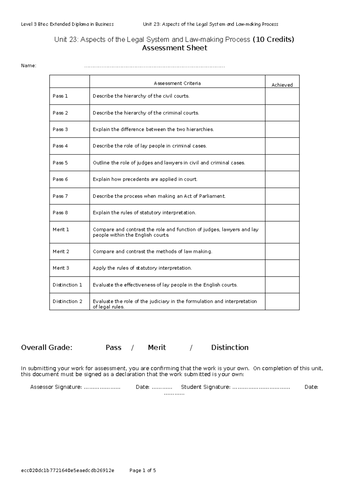 Unit 23 assignment brief - Unit 23: Aspects of the Legal System and Law ...