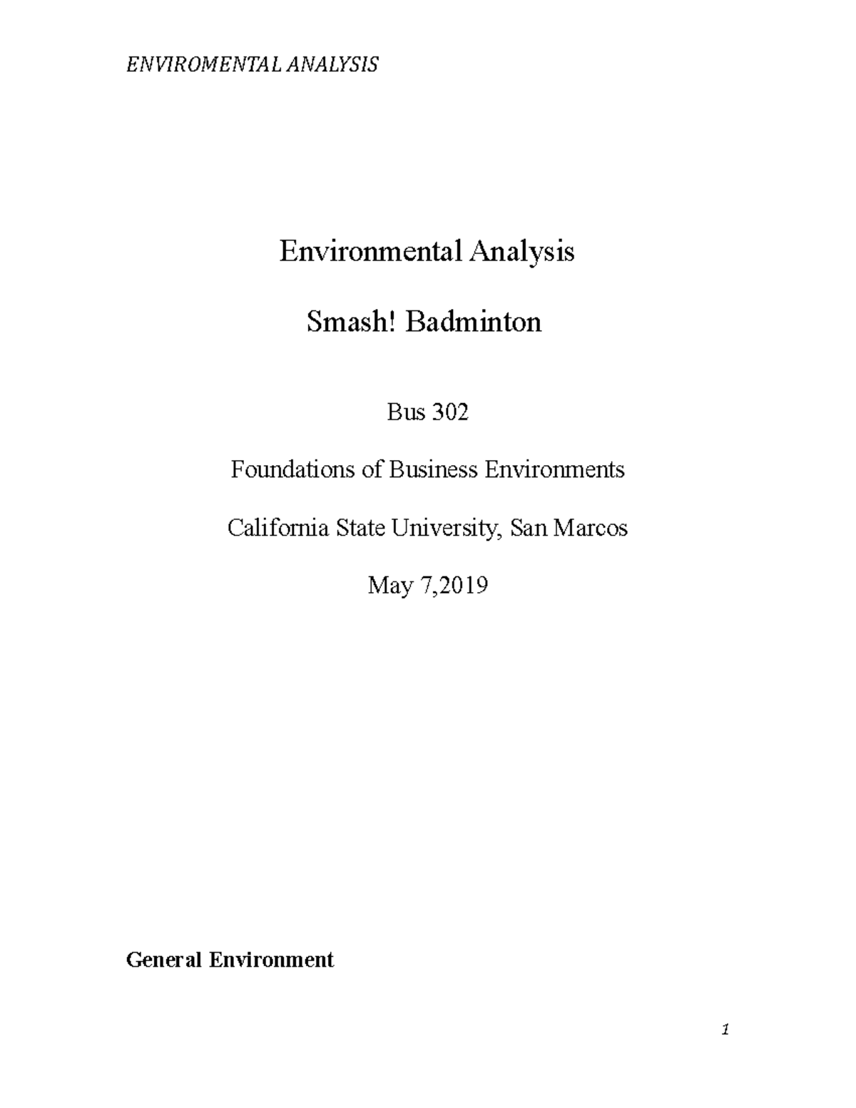Environmental Analysis Paper - Environmental Analysis Smash! Badminton ...