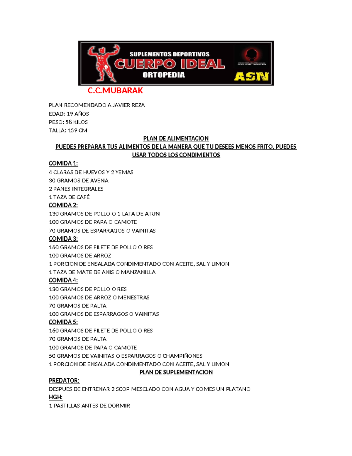 PLAN Recomendado A Javier REZA - PLAN RECOMENDADO A JAVIER REZA EDAD ...