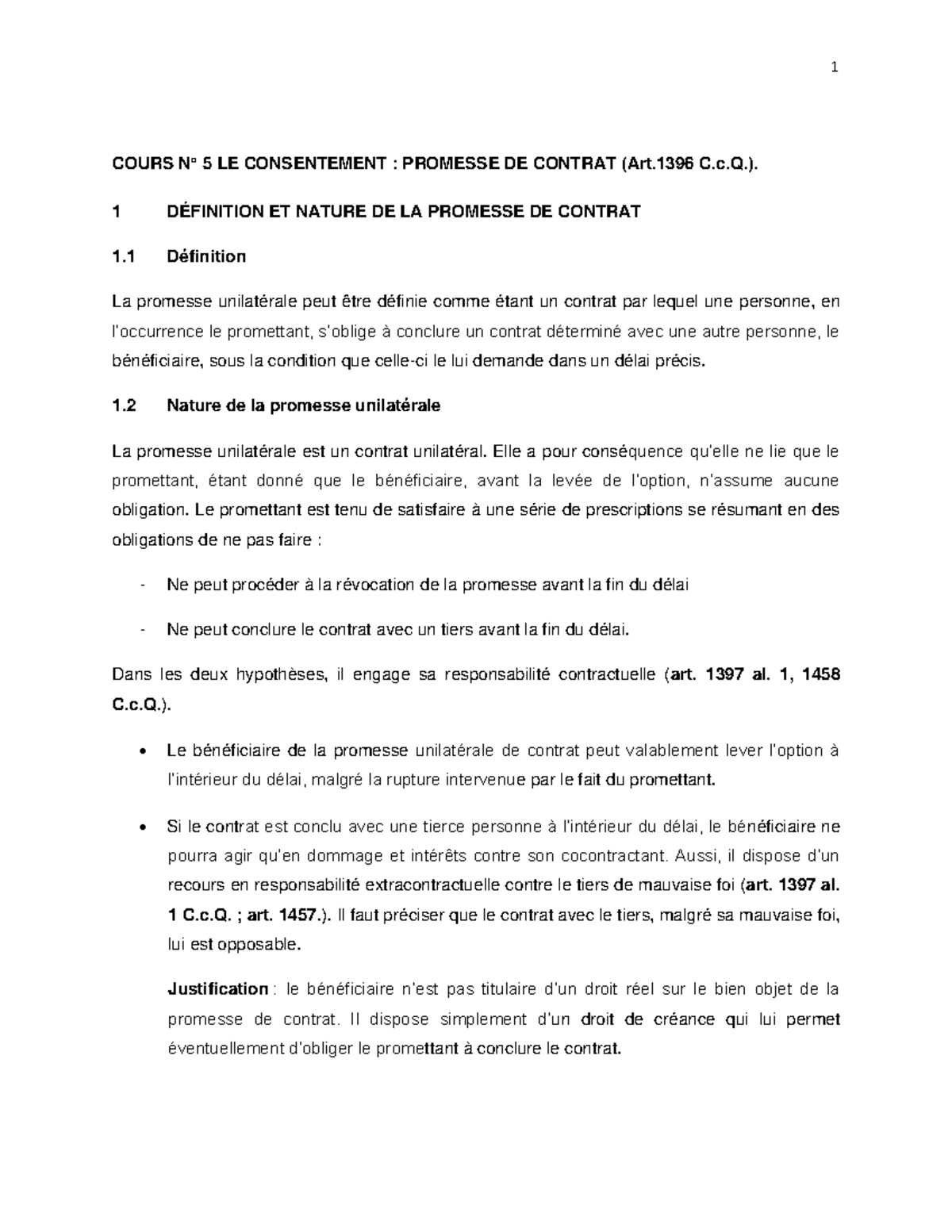 Cours 5 - COURS N° 5 LE CONSENTEMENT : PROMESSE DE CONTRAT (Art C.c ...