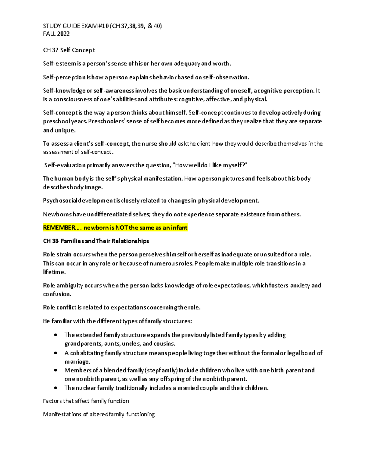 Study Guide FE10 Ch 37 38 39 40 FALL 2022 - FALL 2022 CH 37 Self ...