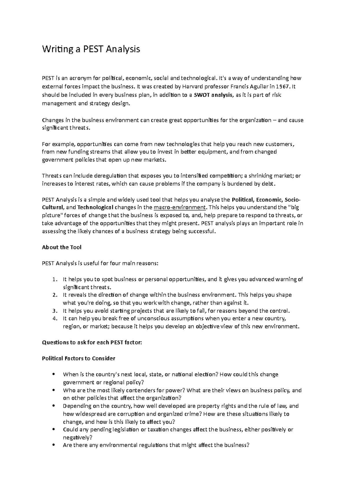 Writing a PEST Analysis guide - Writing a PEST Analysis PEST is an ...