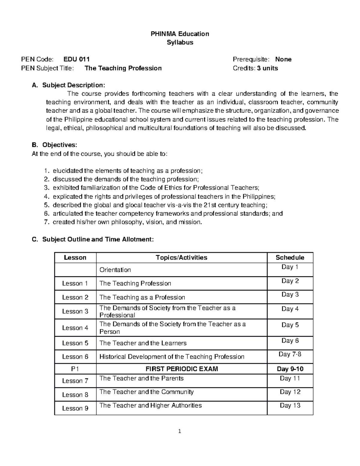 EDU 011 Syllabus Day 1 24 - 1 PHINMA Education Syllabus PEN Code: EDU ...