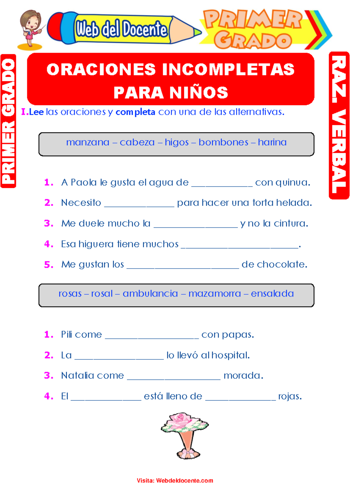 Oraciones Incompletas para Niños para Primer Grado de Primaria ...