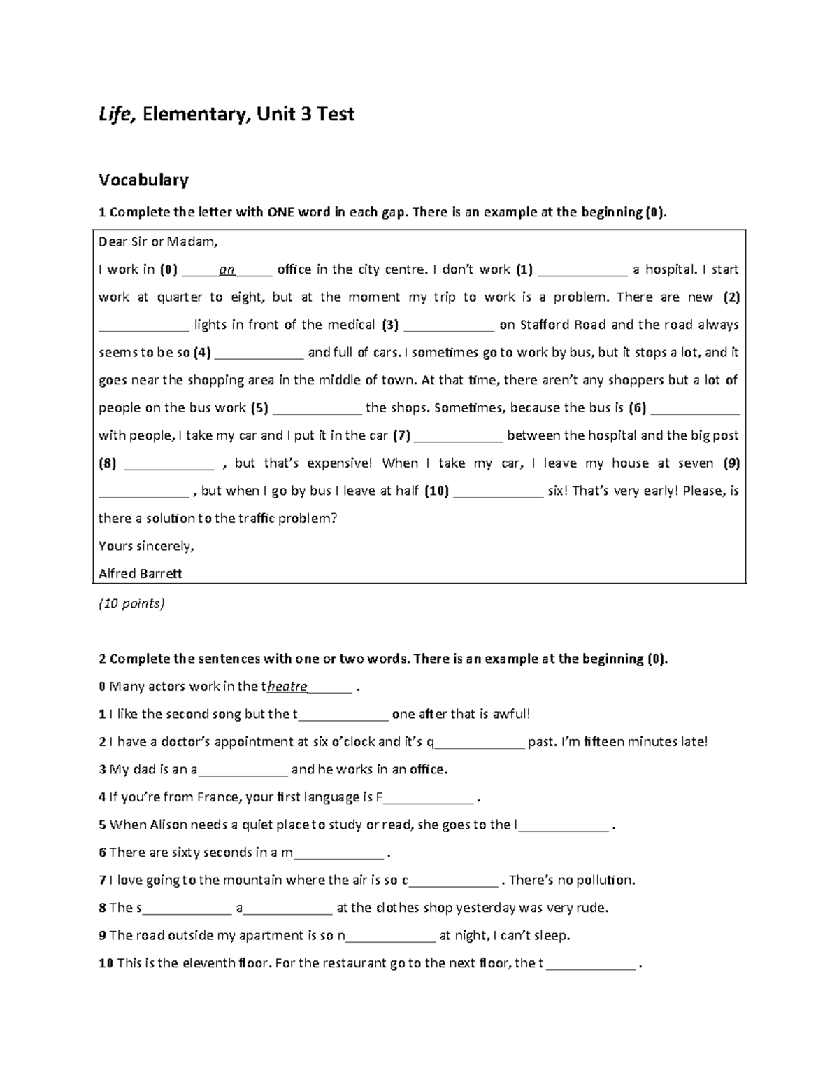 000 - Life, Elementary, Unit 3 Test Vocabulary 1 Complete the letter ...