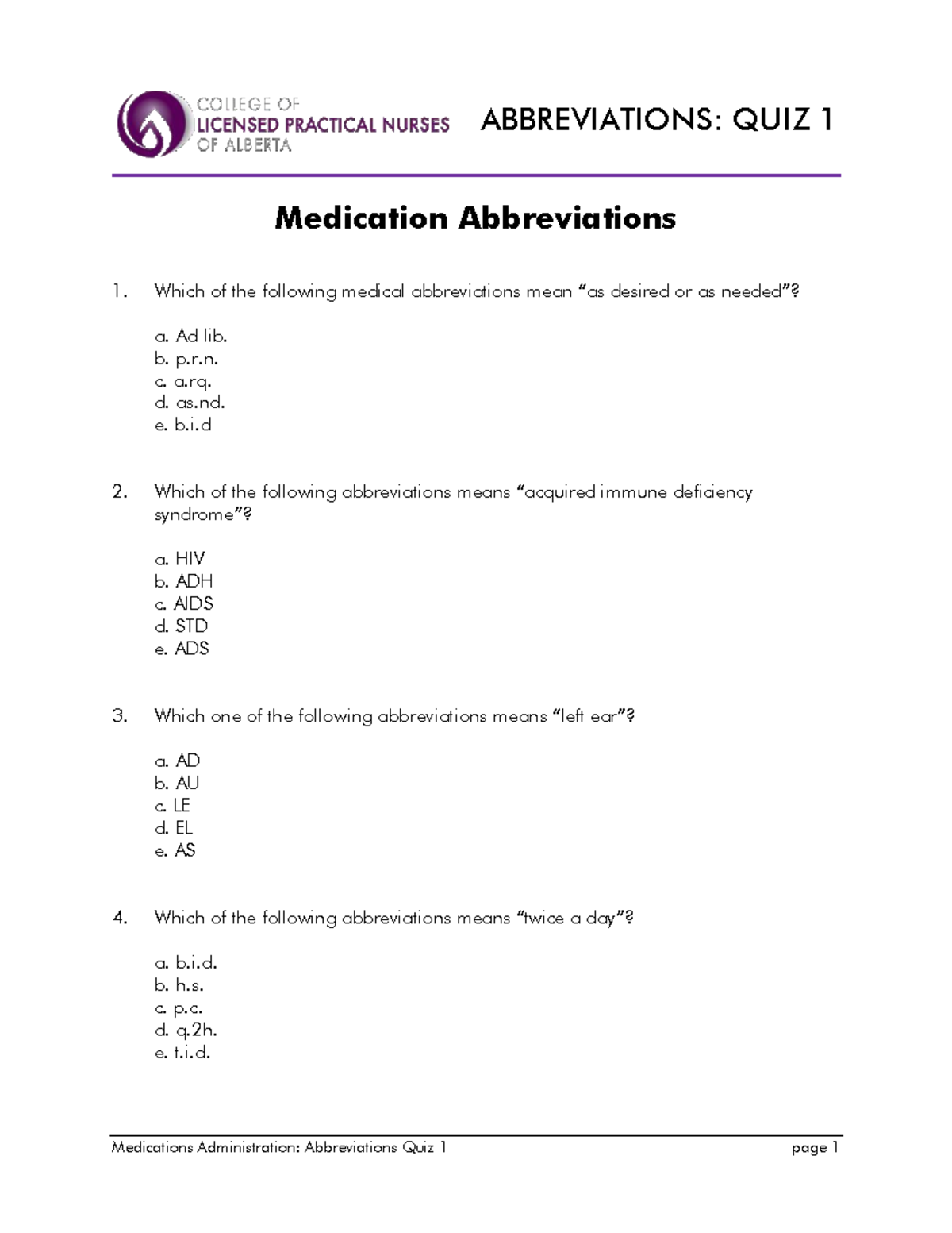 Abbrev 1 - med - Medication Abbreviations Which of the following ...