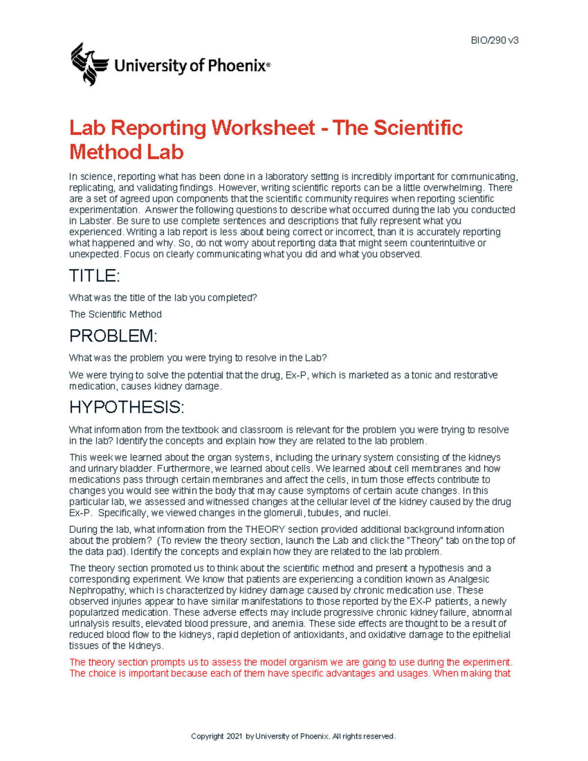 290 Lab 1 Report - BIO/290 v Lab Reporting Worksheet - The Scientific ...