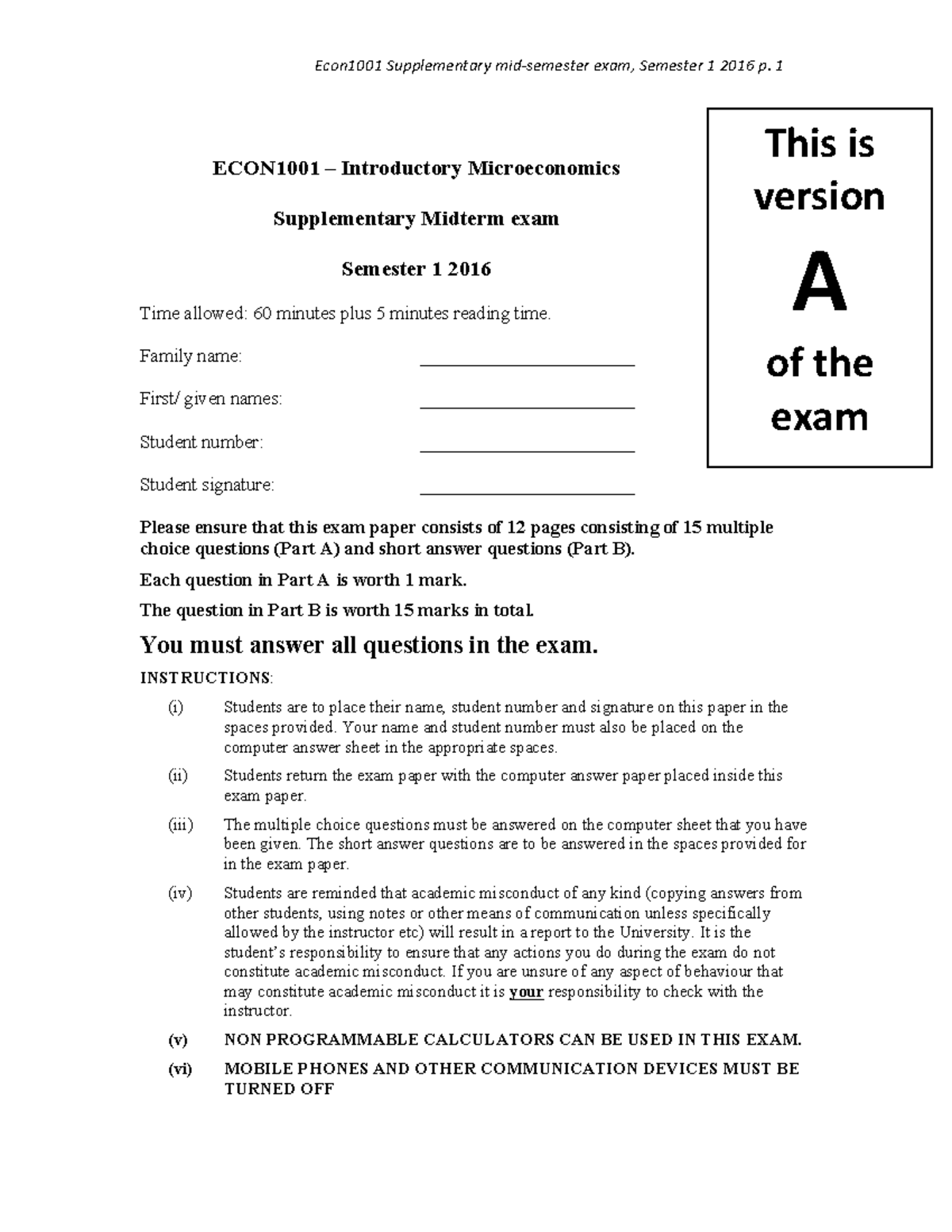 Exam January 2016, questions and answers - ECON1 001 – Introductory ...