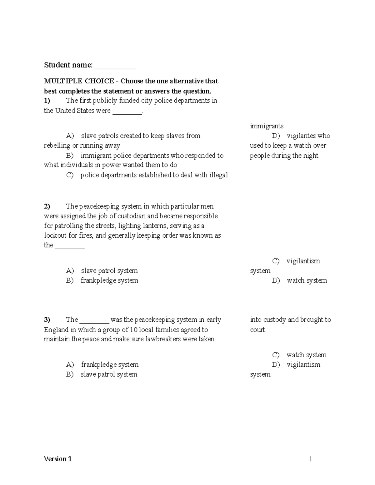 Chapter 05 Overview of Policing version 1 Test Bank - CJUS 500 - LU ...