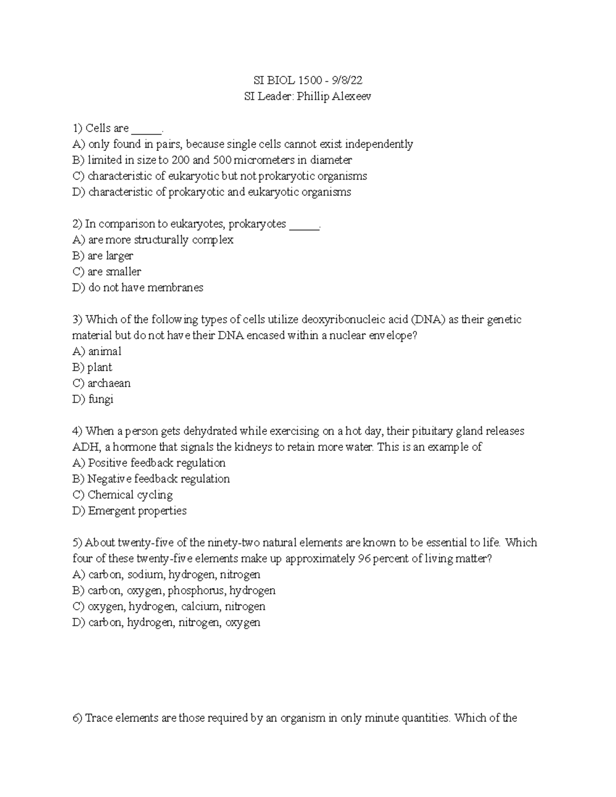 Exam I Worksheet - Practice Exam 1 - SI BIOL 1500 - 9/8/ SI Leader ...