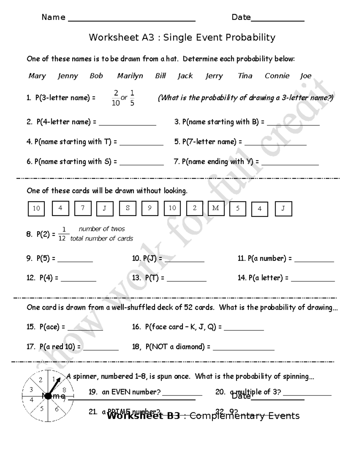 Probability and odds unit - Worksheet A3 : Single Event Probability One ...