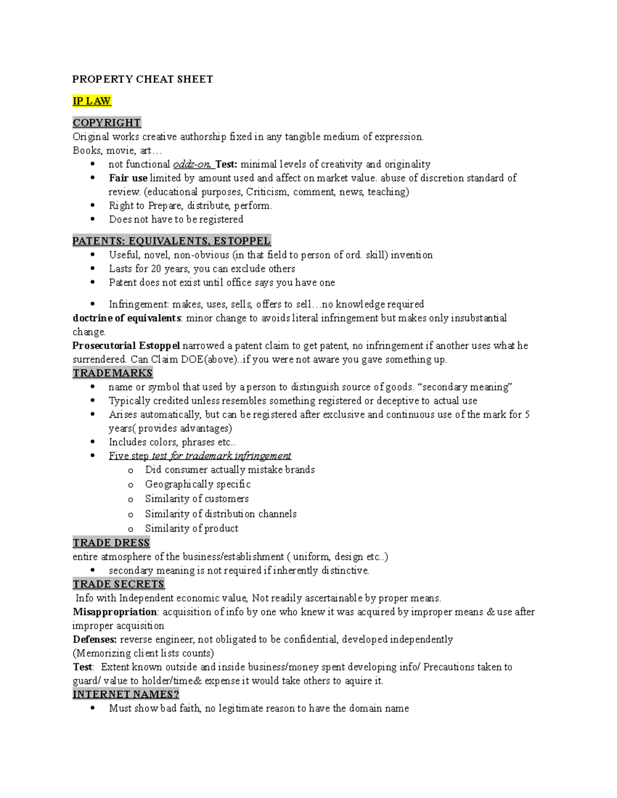 Property Cheat Sheet[ 34] - PROPERTY CHEAT SHEET IP LAW COPYRIGHT ...