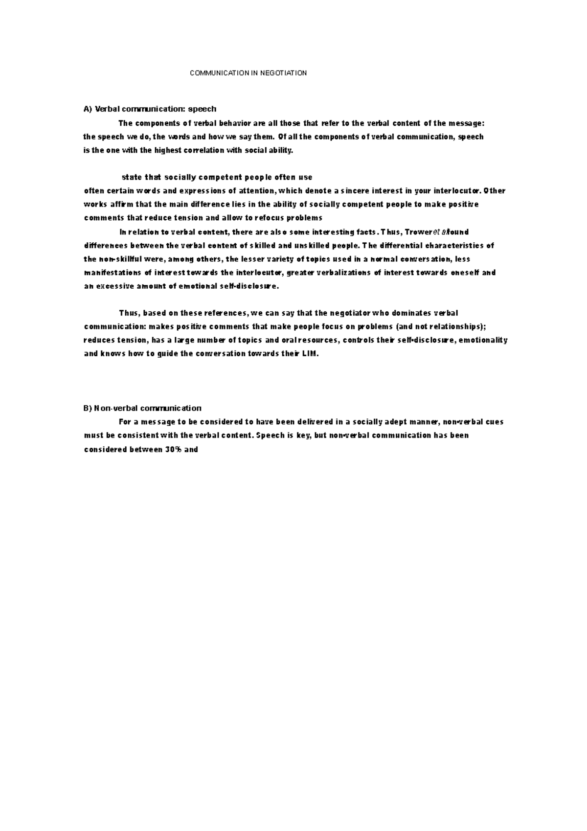 Communication IN Negotiation - COMMUNICATION IN NEGOTIATION A)Verbal ...