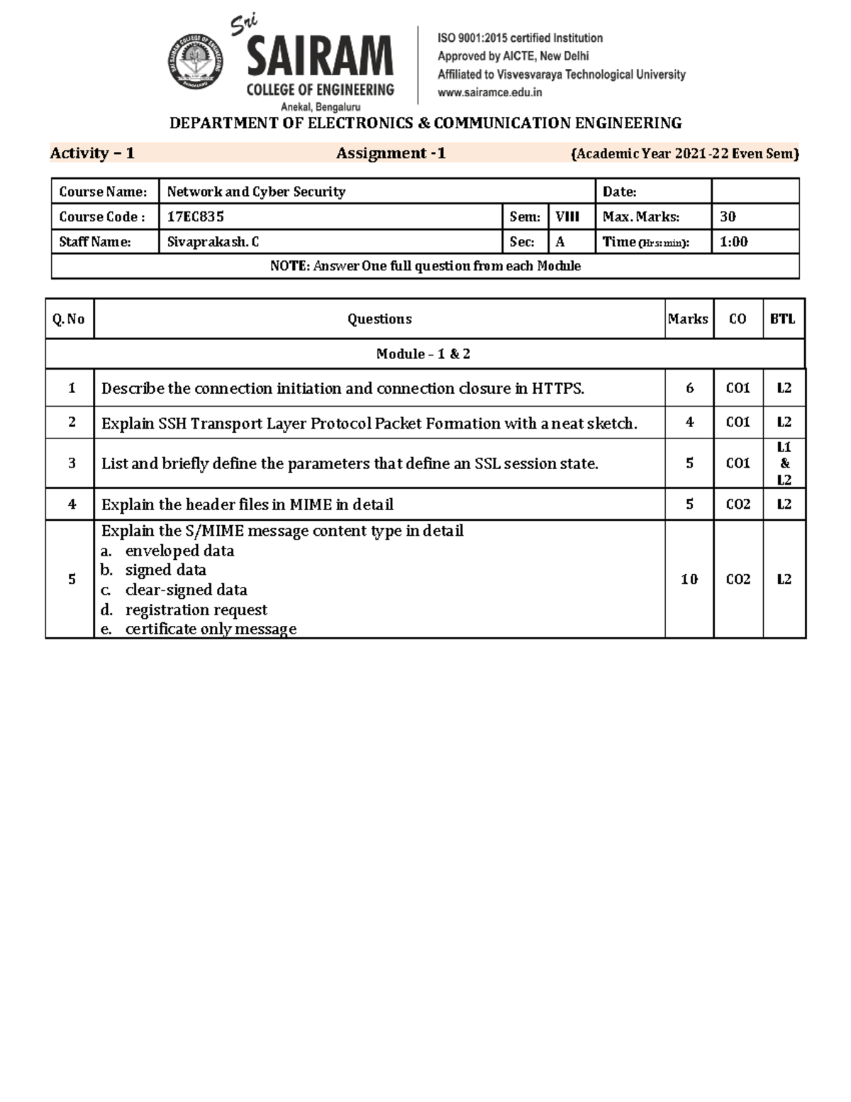 NCS - 15EC835 - Assignment - 1 - DEPARTMENT OF ELECTRONICS ...