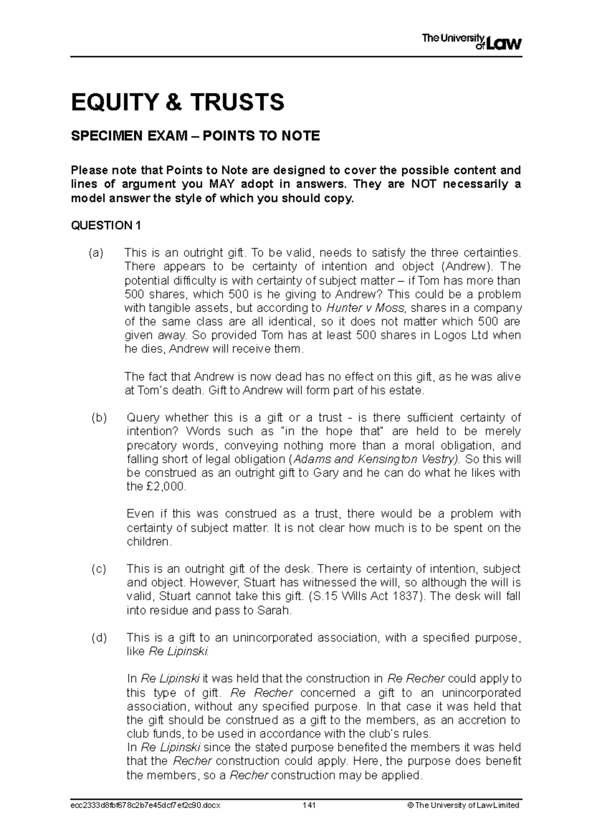 1920 a equity ce01 specimen exam ptn - EQUITY & TRUSTS SPECIMEN EXAM ...