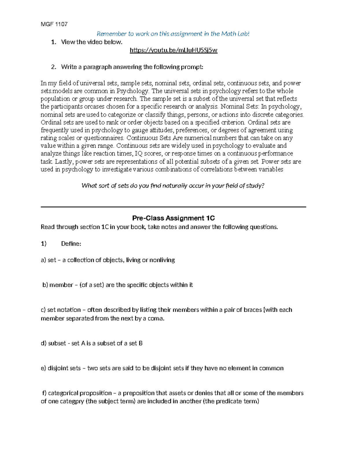 Pre-Class Worksheet (1C) (1) - MGF 1107 Remember to work on this assignment in the Math Lab! 1 ...