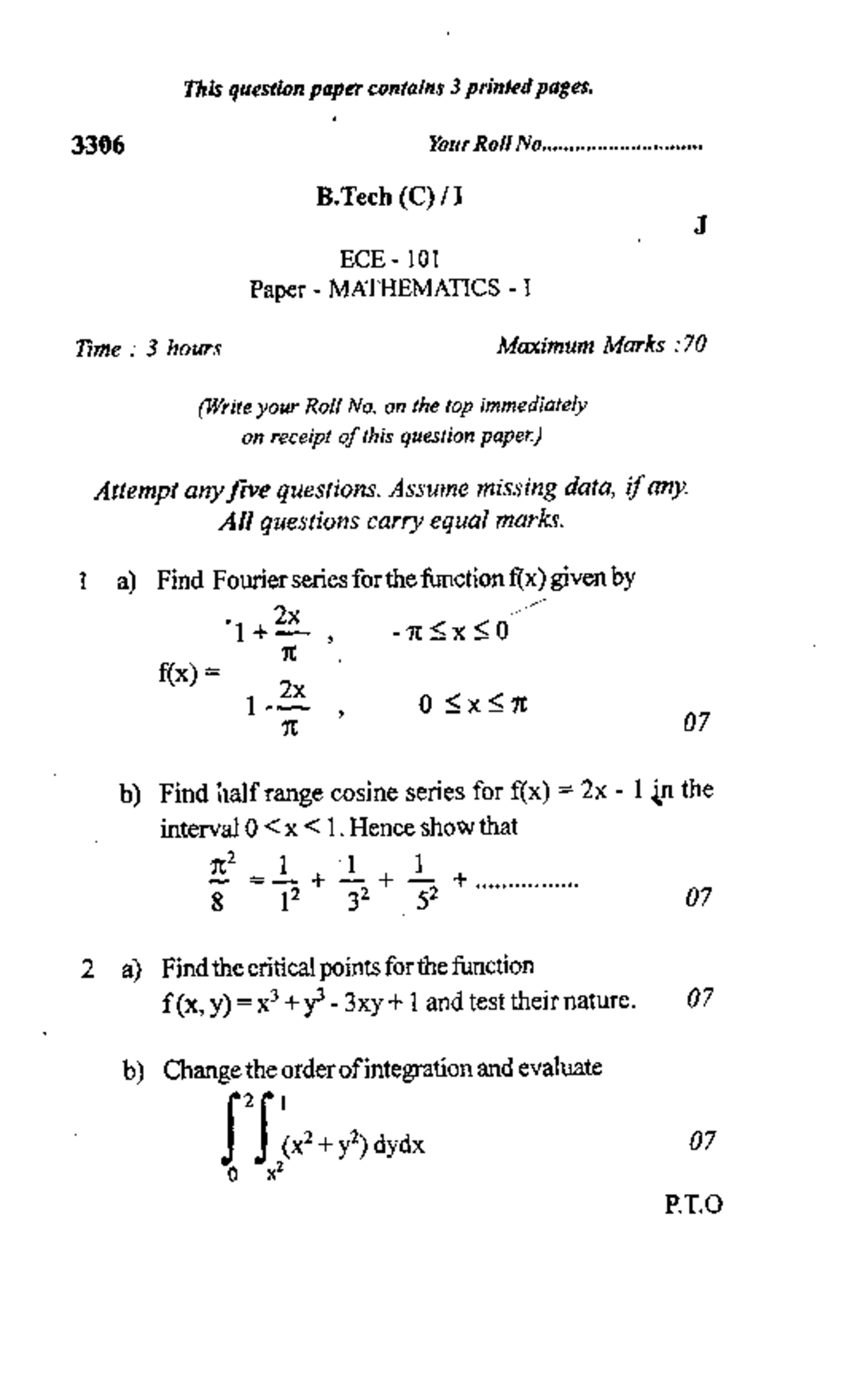 B.TECH (C)-I (ECE -101 Paper - Mathematics - I) - This question paper ...