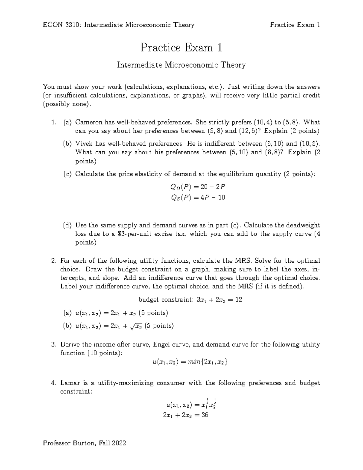 ECON 3310 practice exam 1 2022 b - ECON 3310: Intermediate Microeconomic Theory Practice Exam 1 ...