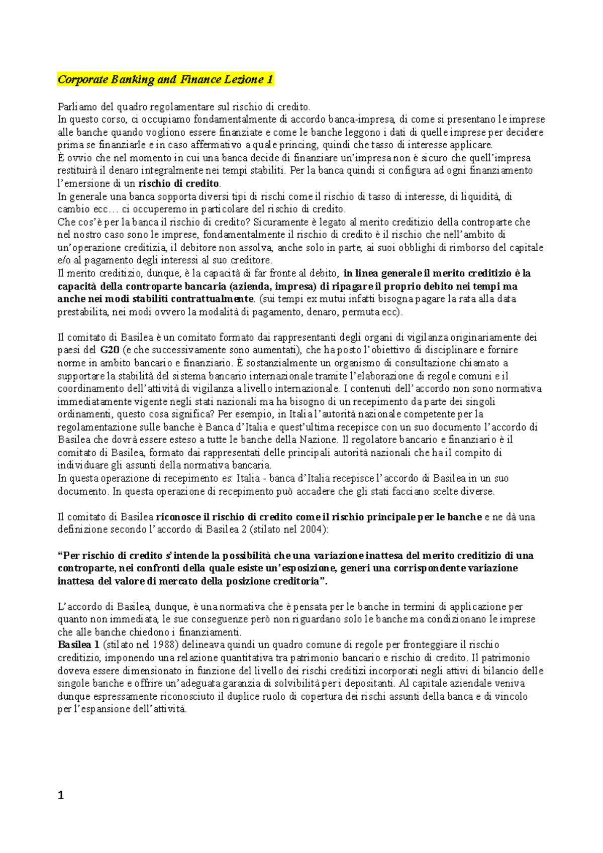CBF MOD 1 - riassunto completo corporate parte 1 - Corporate Banking ...
