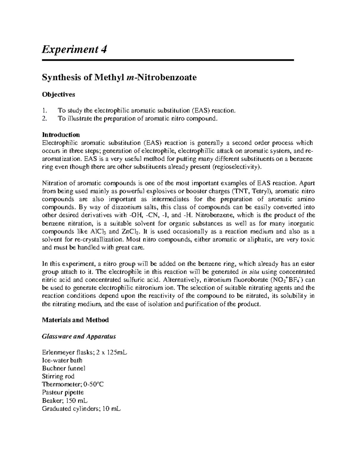Synthesis of Methyl M-Nitrobenzoate - Experiment 4 Synthesis of Methyl ...