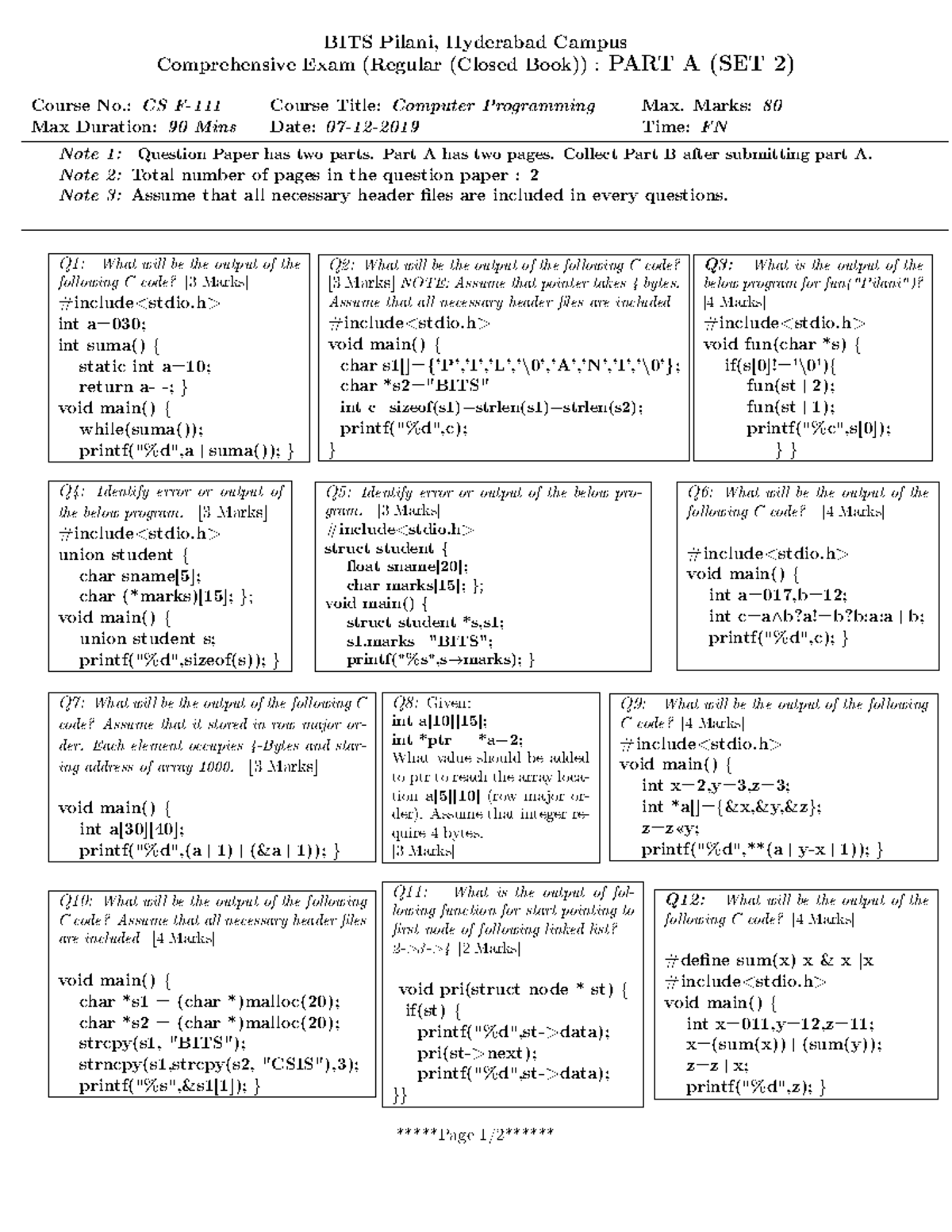Compre SET B-2019 - Computer Programming - BITS Pilani - Studocu