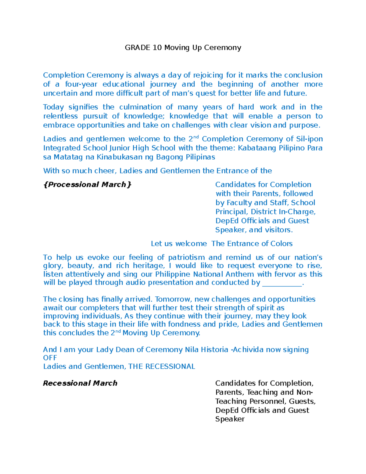 Grade 10 Moving Up Ceremony - GRADE 10 Moving Up Ceremony Completion ...