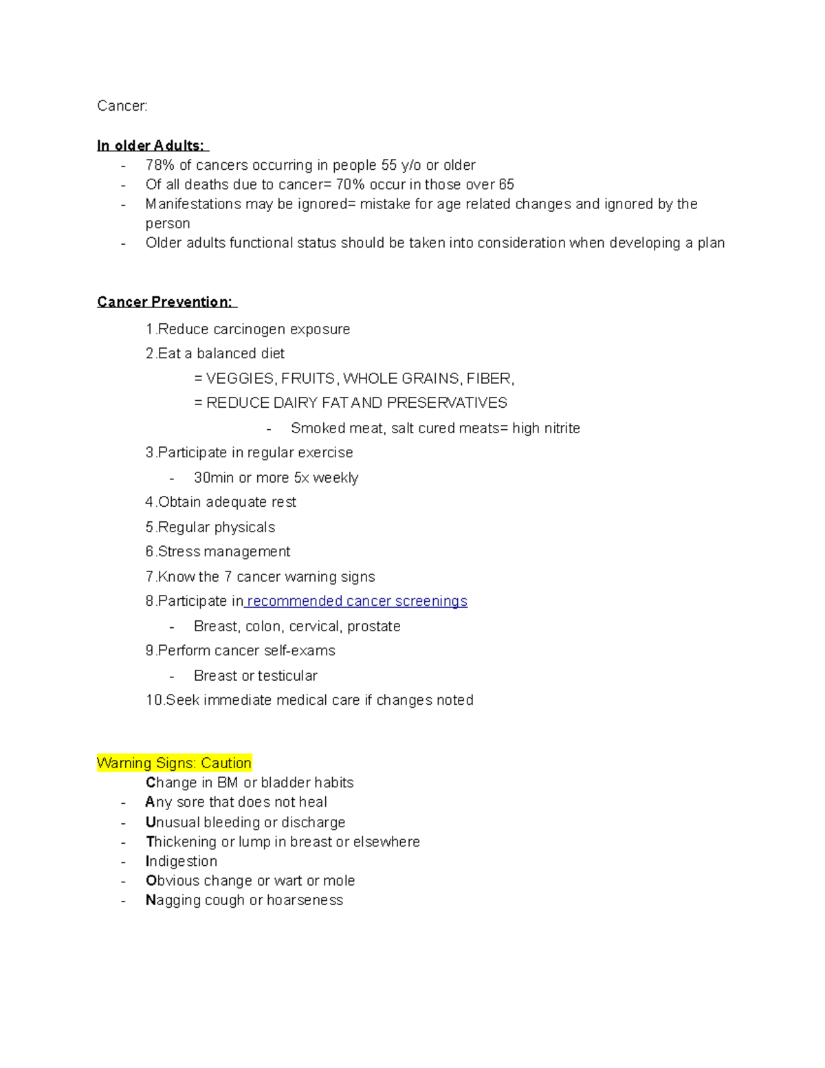 NURS 325 Cancer Notes - Cancer: In older Adults: - 78% of cancers ...