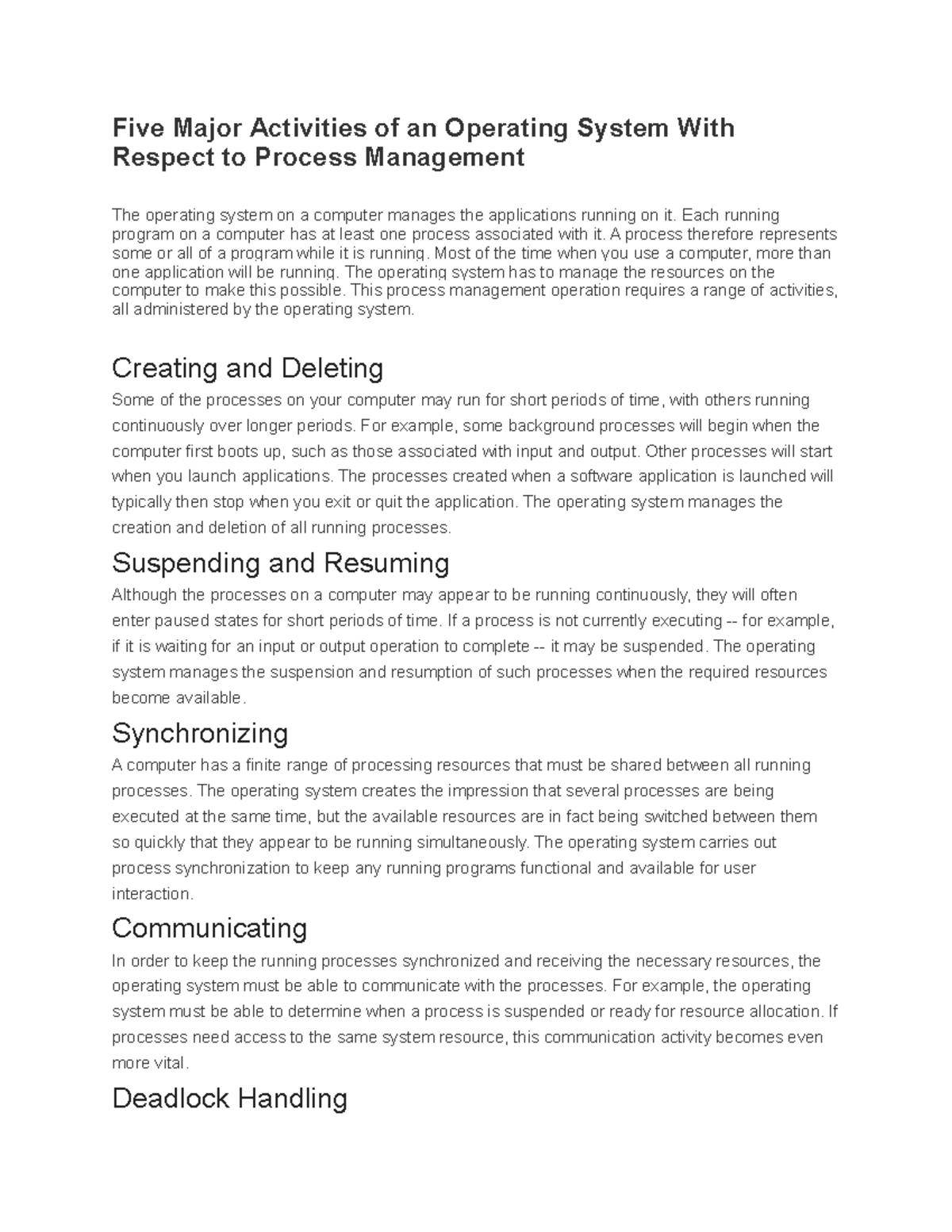 Five Major Activities of an Operating System With Respect to Process ...