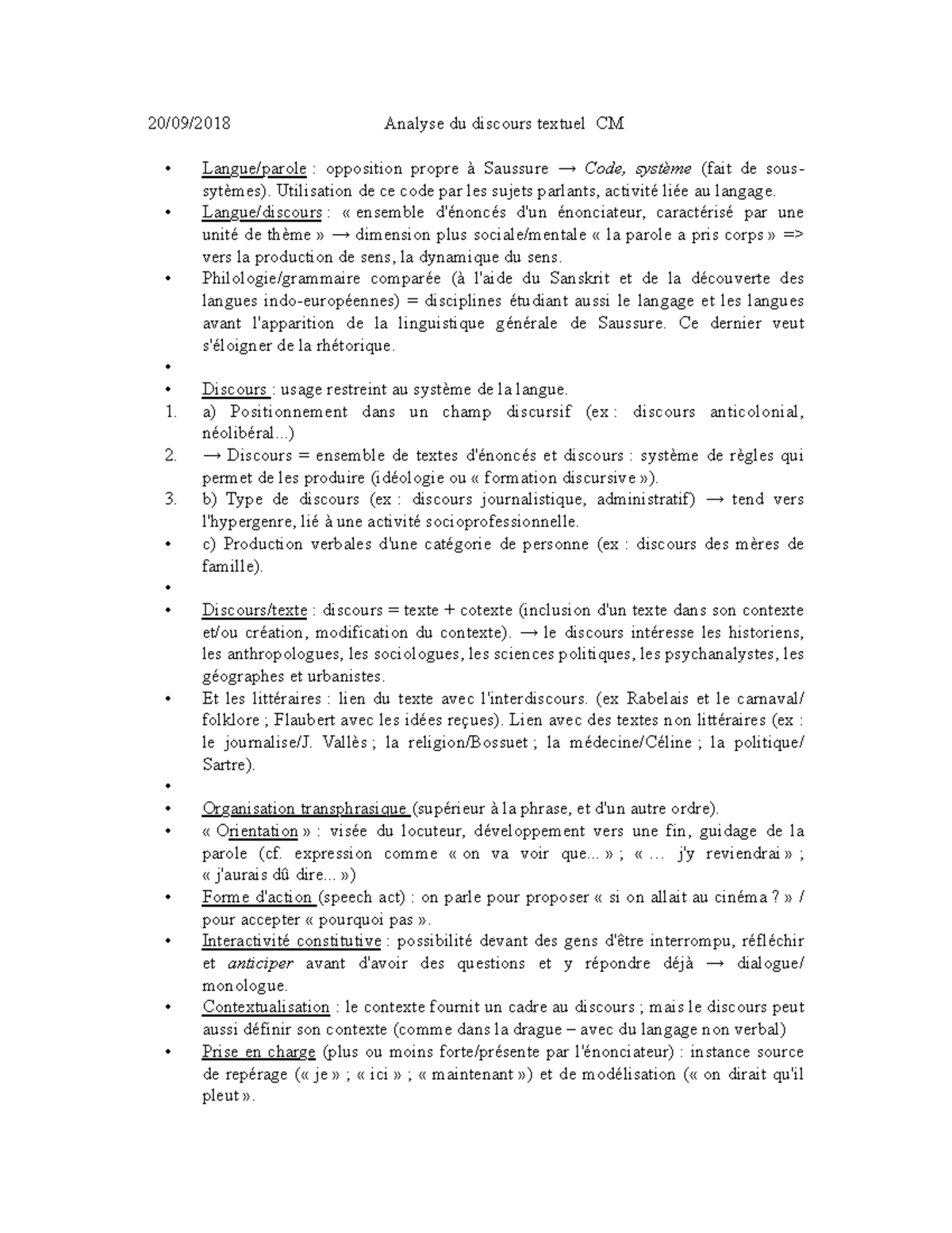 Analyse de discours - cours - 20/09/2018 Analyse du discours textuel CM ...