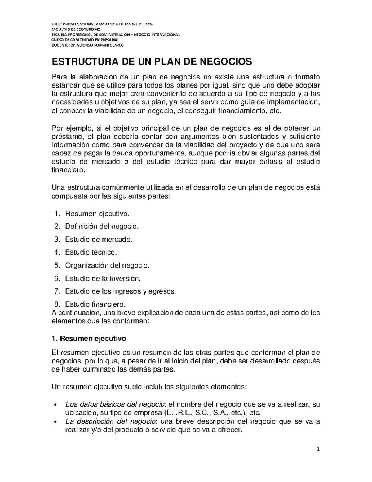 Estructura de plan de negocios - FACULTAD DE ECOTURISMO ESCUELA ...