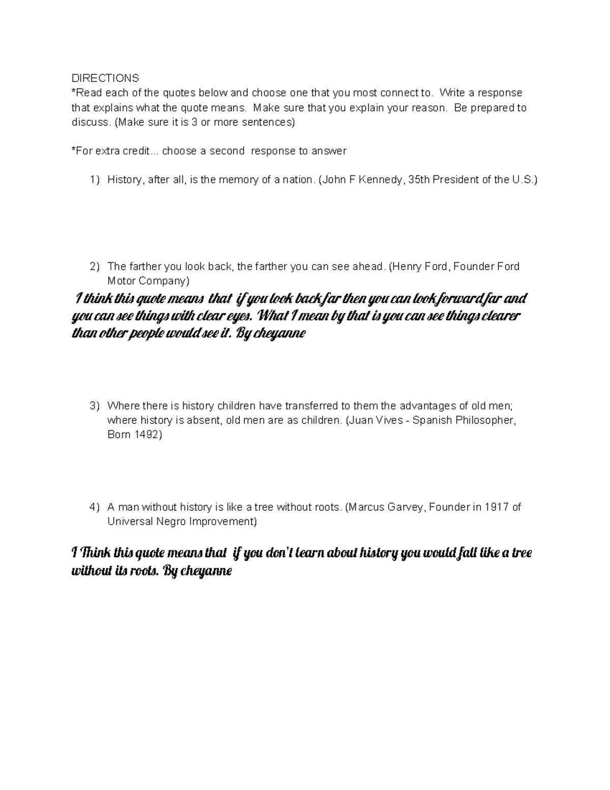 WHY History Quote Responses - DIRECTIONS *Read each of the quotes below ...