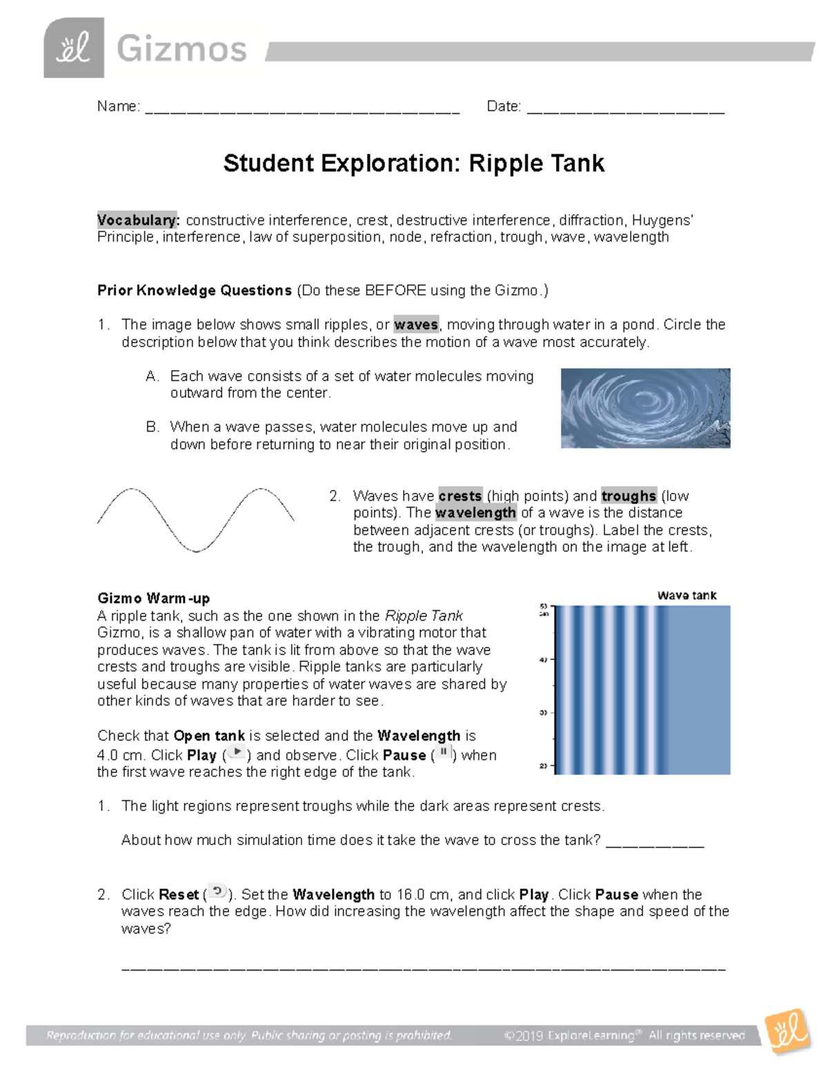 Ripple Tank Gizmo Physics Practice Worksheet - Name