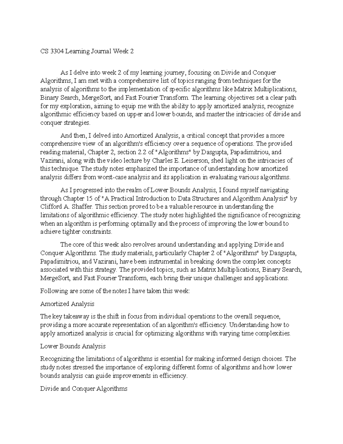 CS 3304 Learning Journal Week 2 - The learning objectives set a clear path for my exploration ...