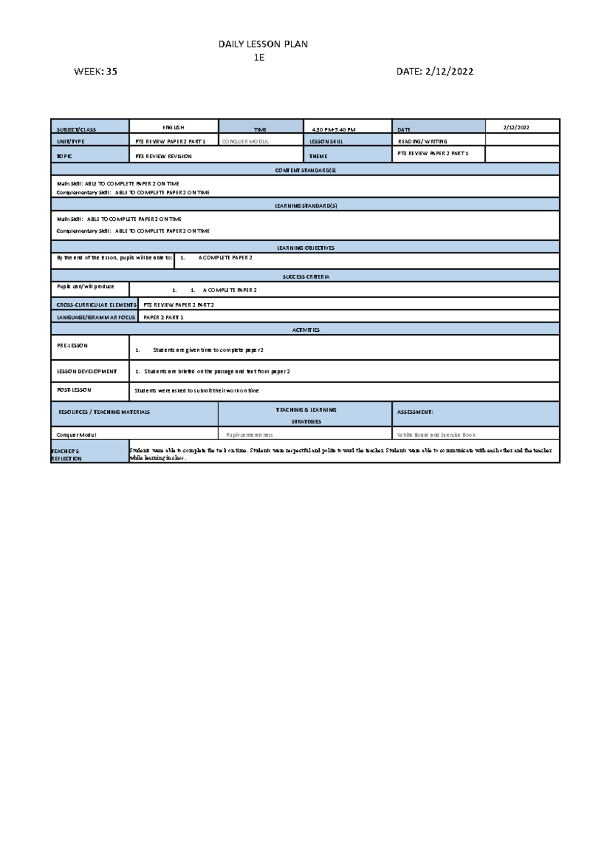 Lesson Plan 1E 2 DEC 2022 - DAILY LESSON PLAN 1E WEEK: 35 DATE: 2/12 ...