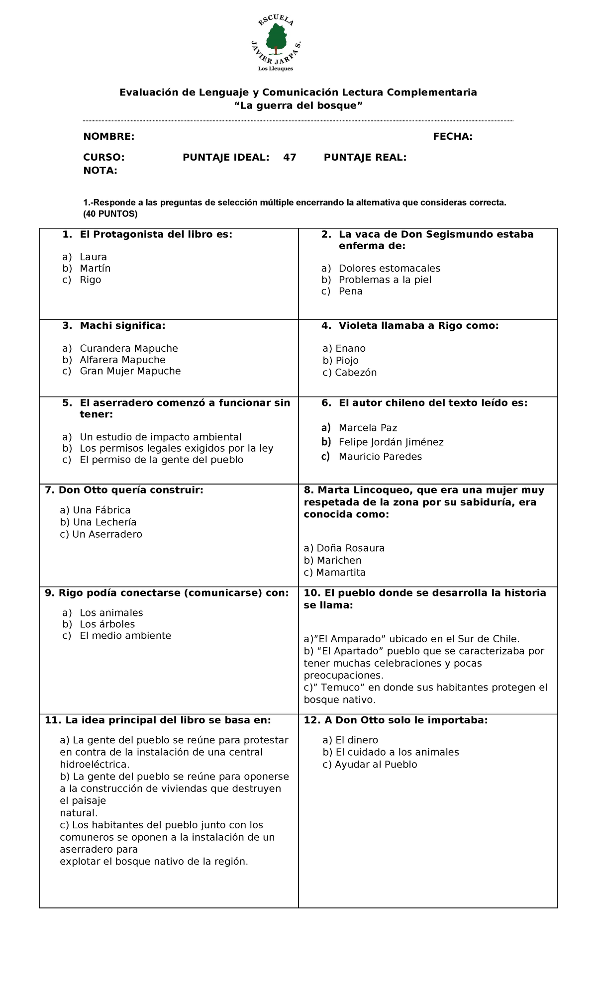 Prueba LA Guerra DEL Bosque - Evaluación de Lenguaje y Comunicación Lectura Complementaria “La ...