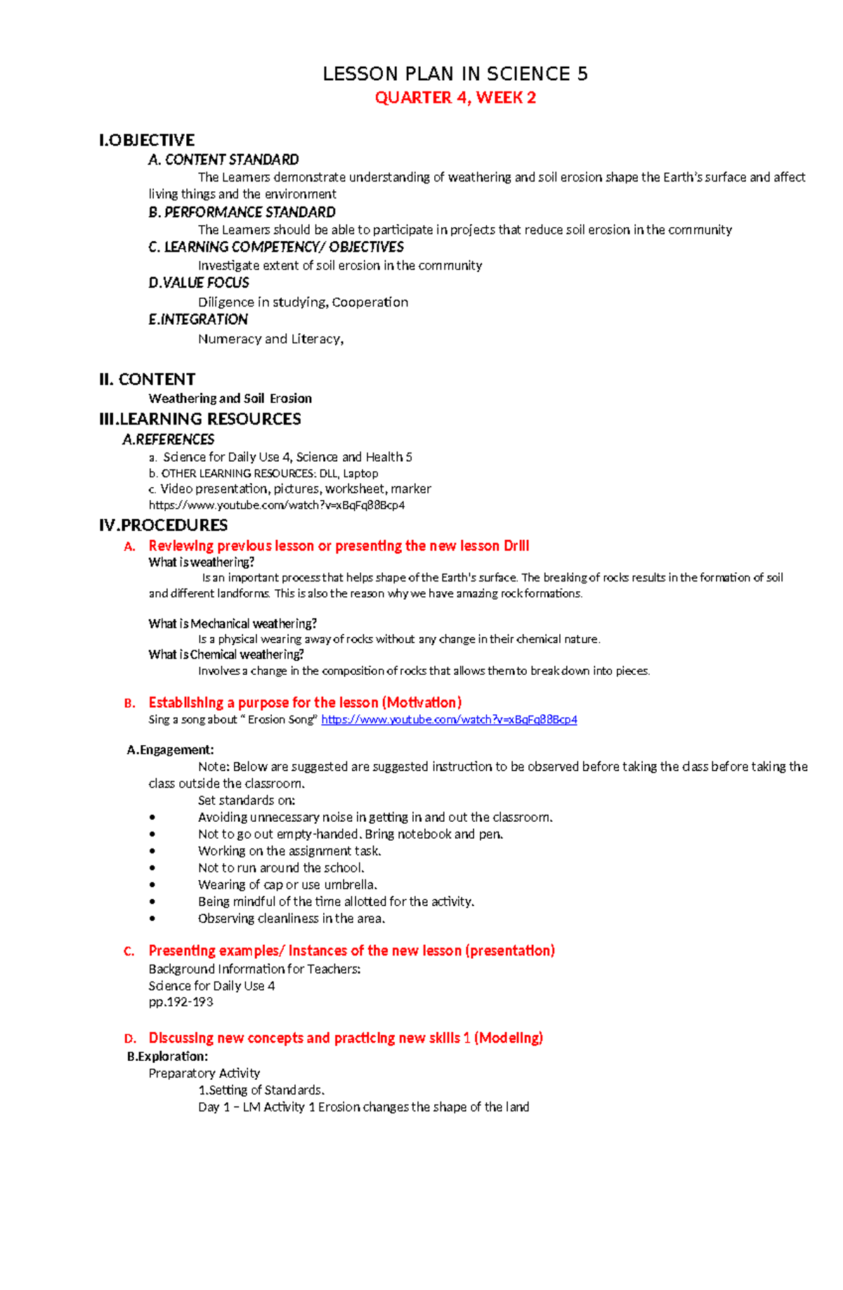 Lesson PLAN IN Science 5 - Copy - LESSON PLAN IN SCIENCE 5 QUARTER 4 ...