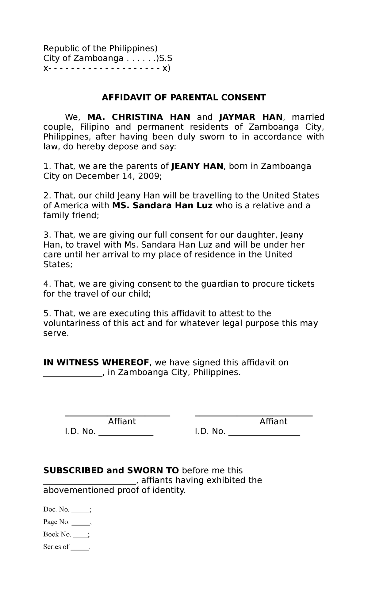 Affidavit of Parental Consent U - Republic of the Philippines) City of ...
