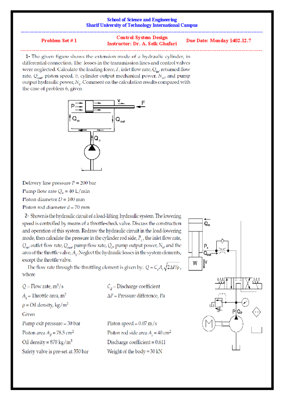 CSD HW1 - control system design course for automation - School of Science and Engineering Sharif ...