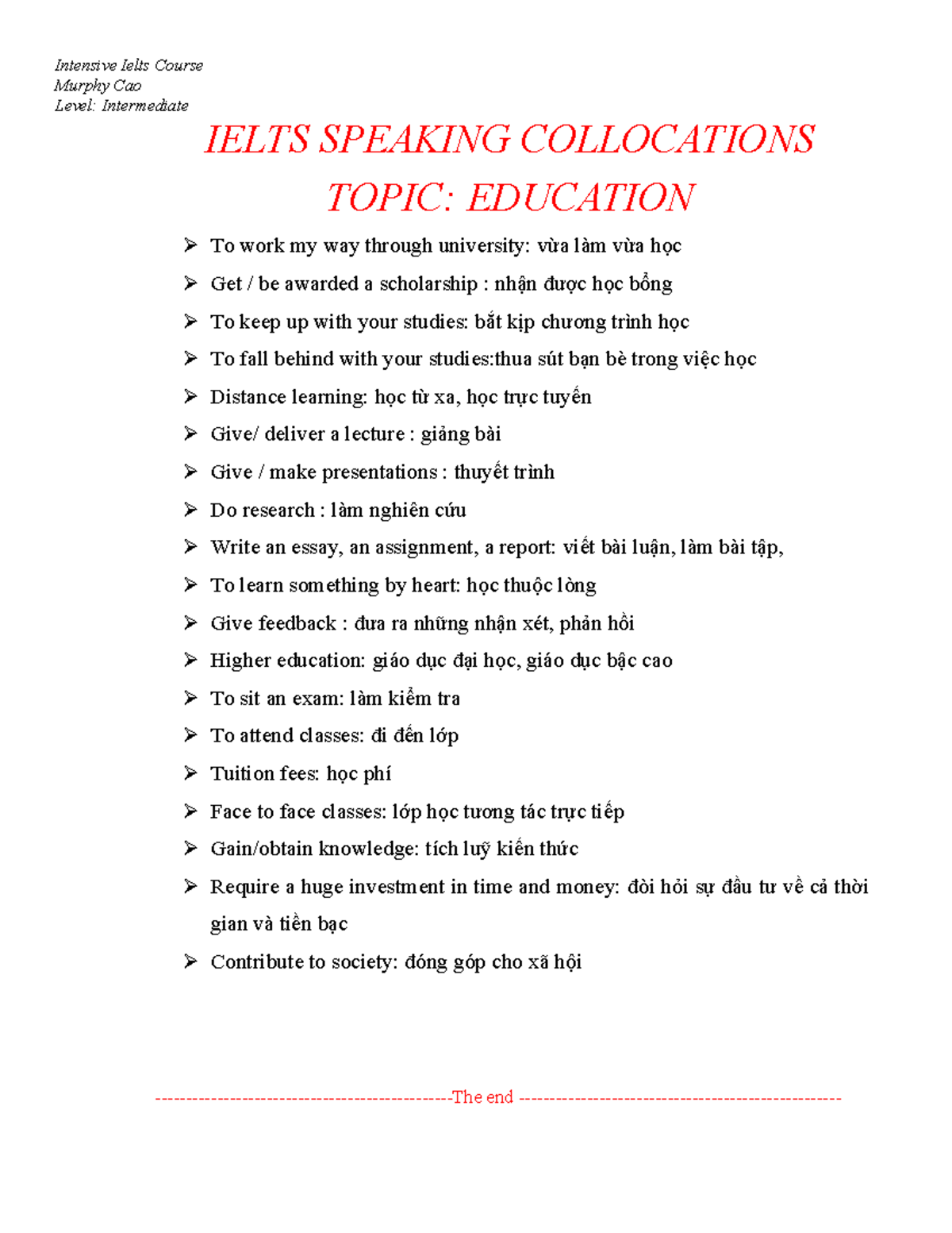 Ielts Speaking Collocations Education - Intensive Ielts Course Murphy ...