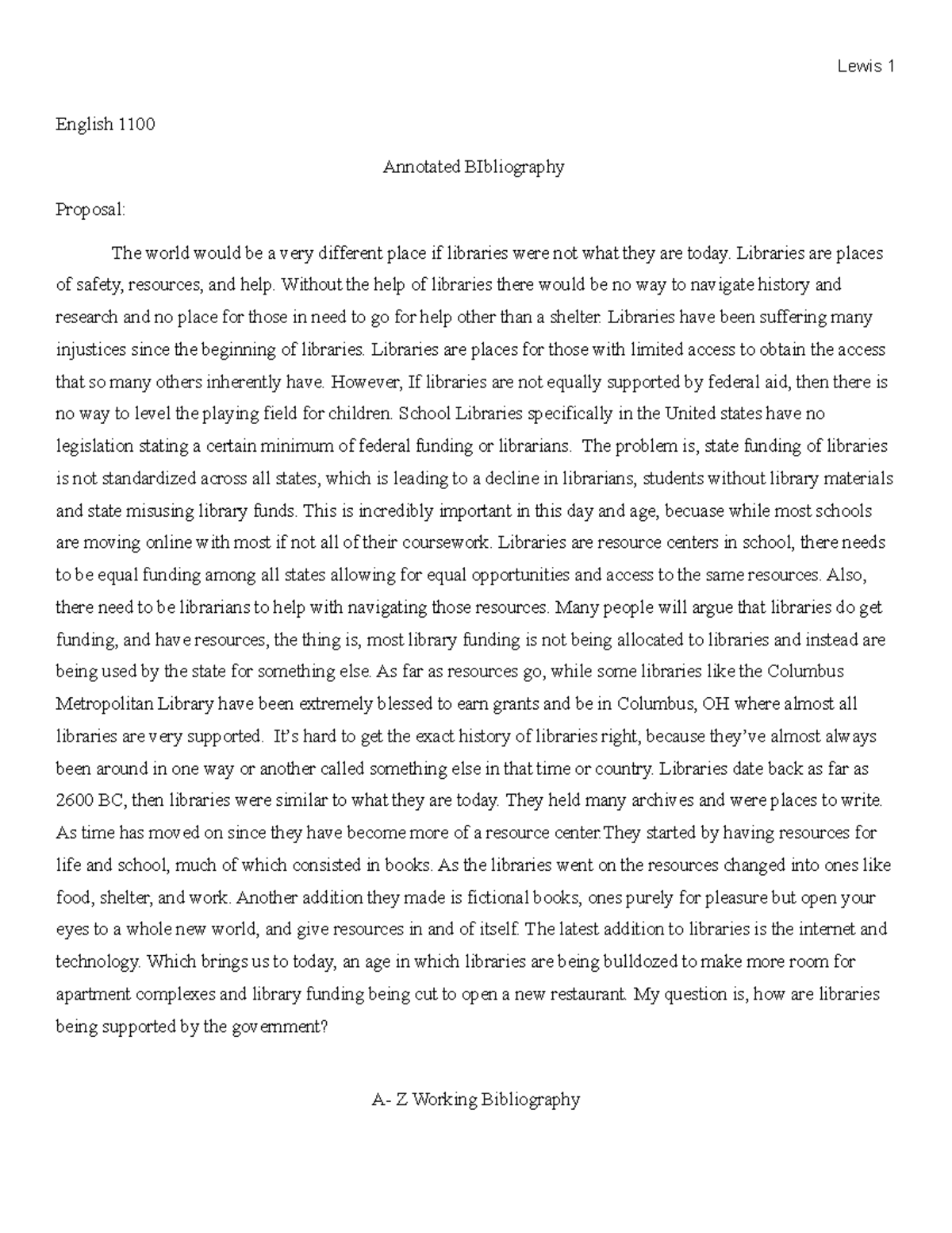 Other Final- AL-2 - English 1100 Annotated BIbliography Proposal: The ...