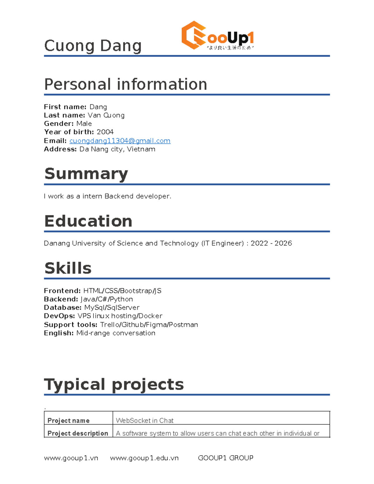 Dang Van Cuong gooup 1 internship - Cuong Dang Personal information ...