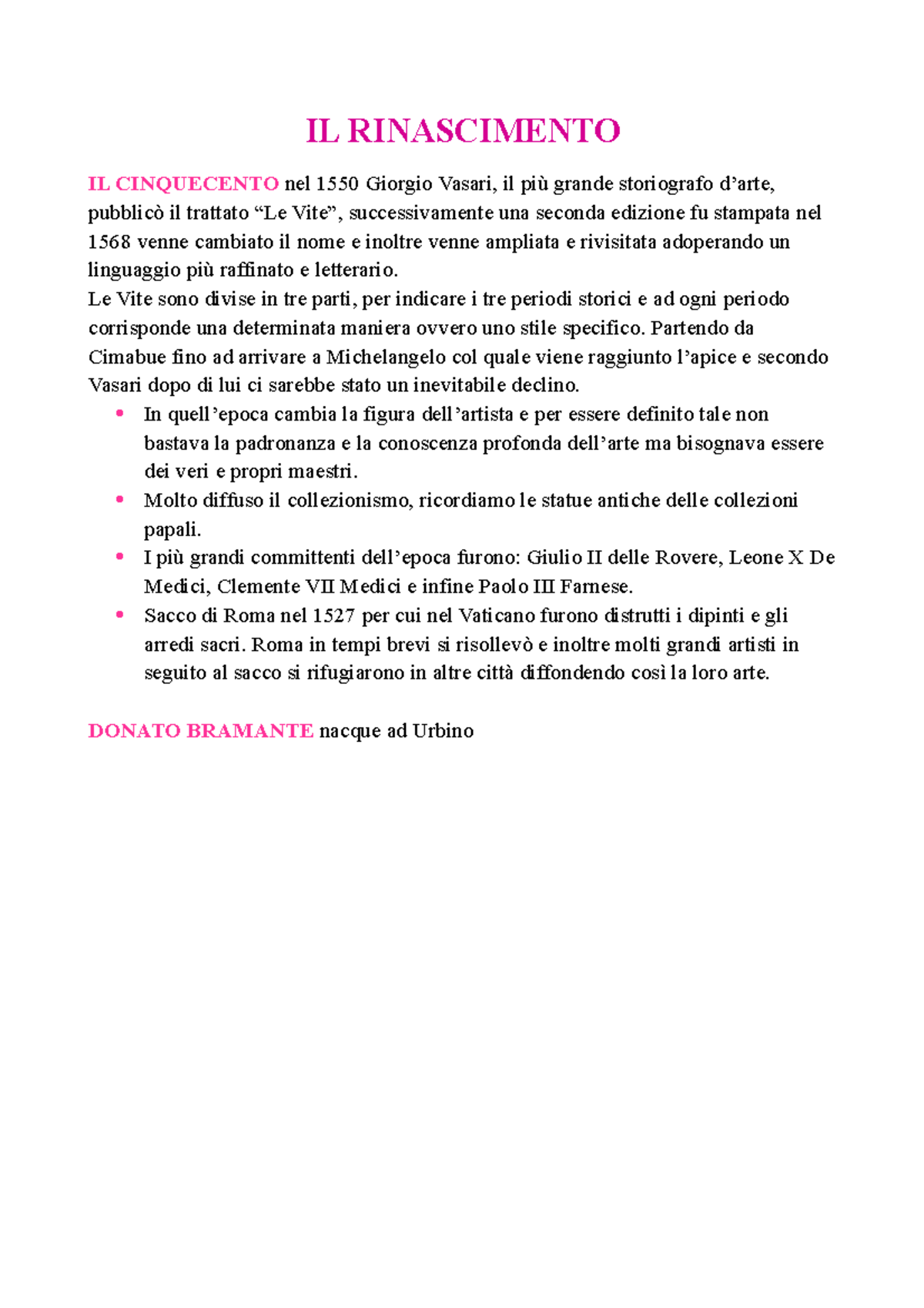 Il Rinascimento - IL RINASCIMENTO IL CINQUECENTO nel 1550 Giorgio Vasari, il più grande ...