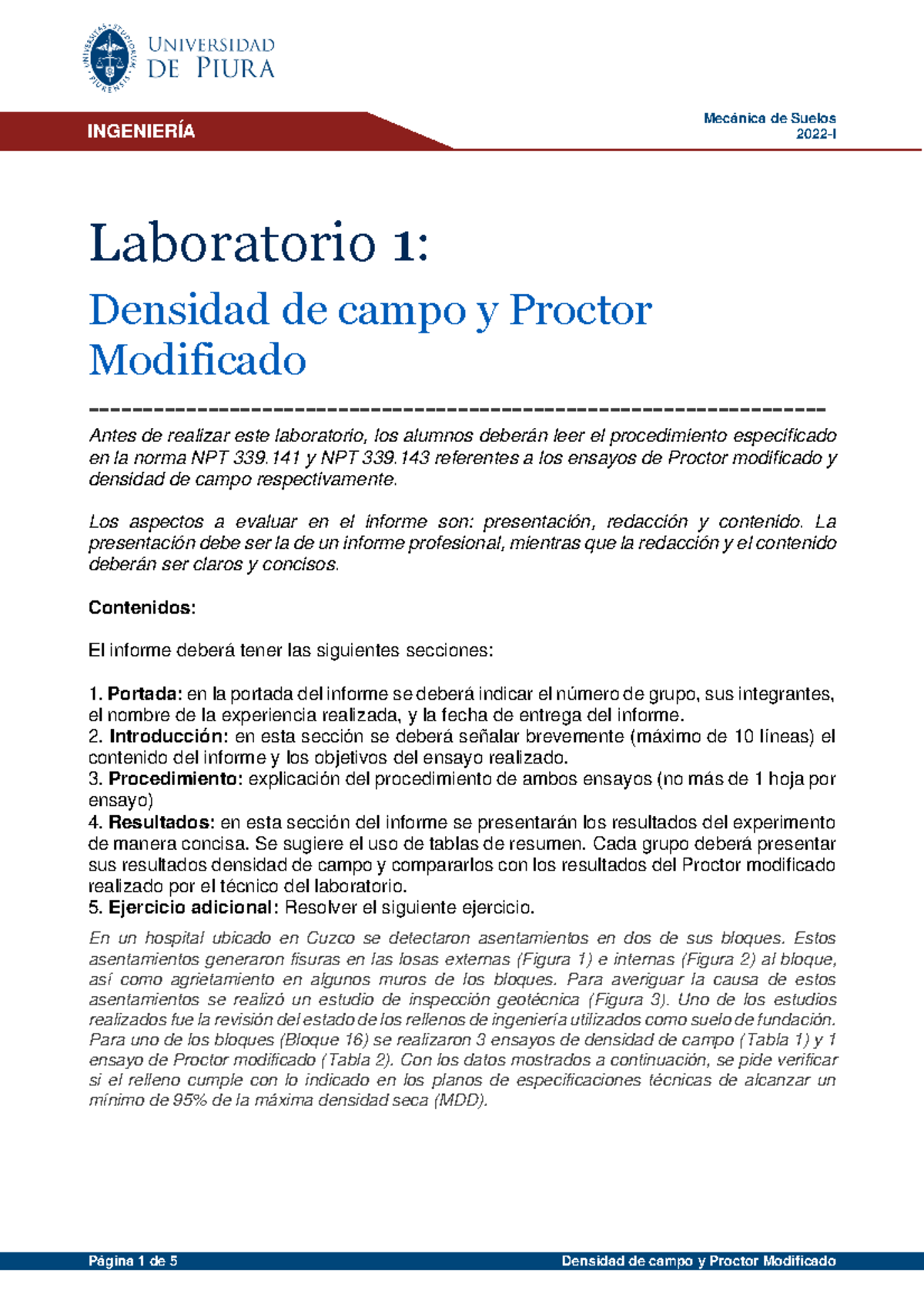 Laboratorio 1 - Densidad de campo y Proctor Modificado - Mecánica de ...