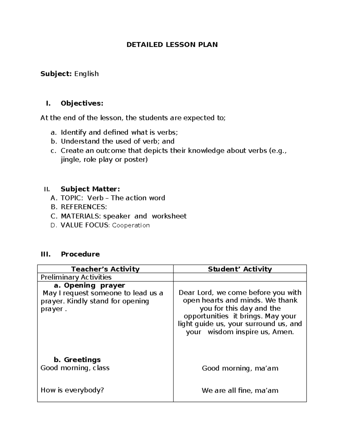 Detailed Lesson PLAN - DETAILED LESSON PLAN Subject: English I ...
